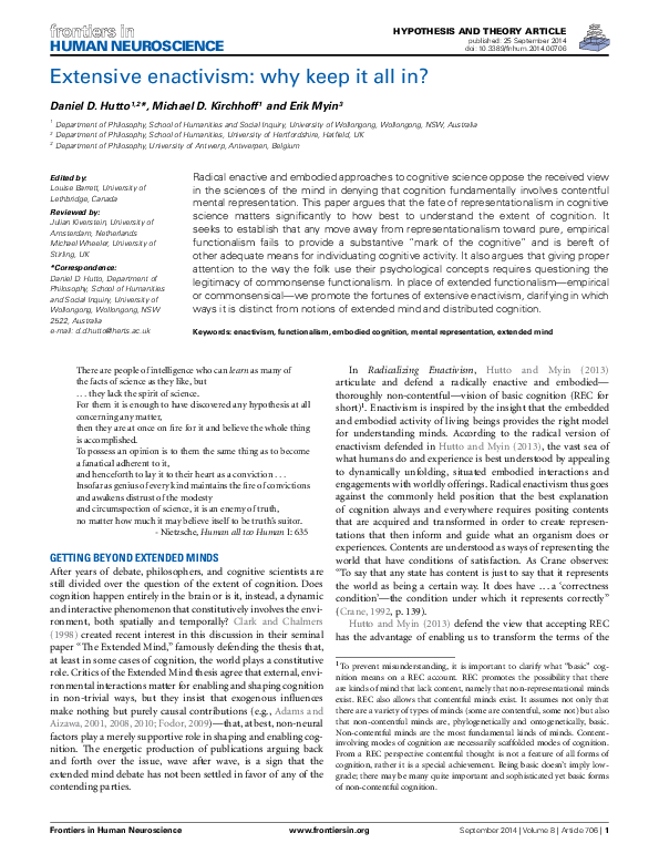 (PDF) Extensive Enactivism: Why Keep it All in?