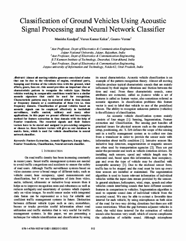 (PDF) Classification of Ground Vehicles Using Acoustic Signal ...