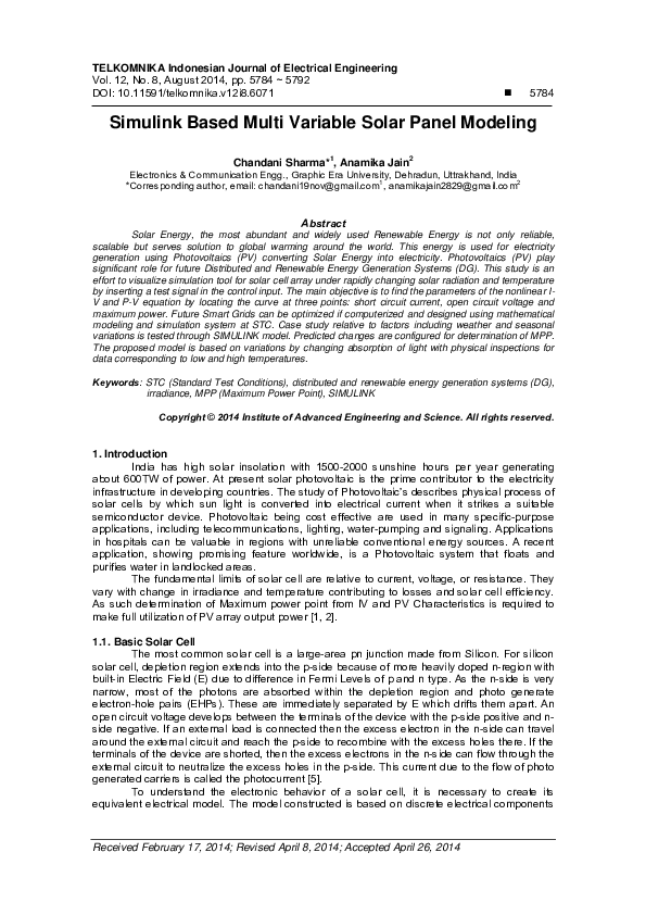 (PDF) Simulink Based Multi Variable Solar Panel Modeling