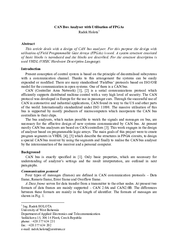 (PDF) CAN Bus Analyser with Utilisation of FPGAs