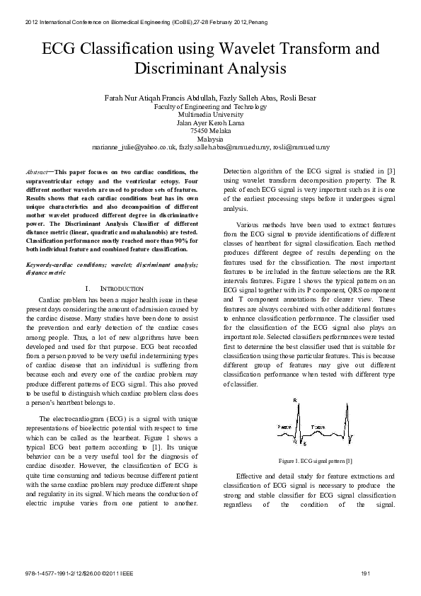 Pdf Ecg Classification Using Wavelet Transform And Discriminant Analysis