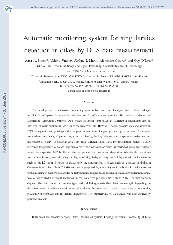 Pdf Automatic Monitoring System For Singularities Detection In Dikes