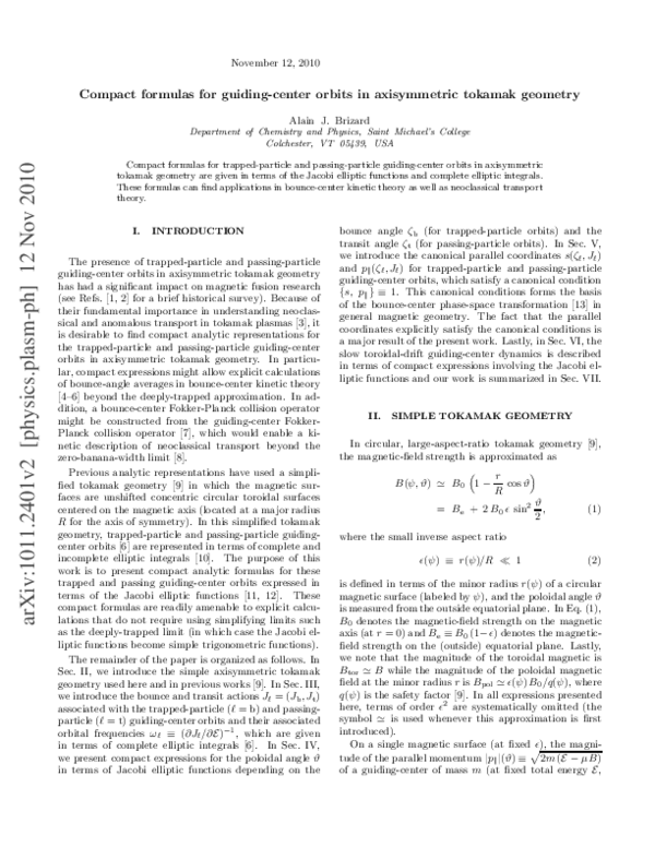 Pdf Compact Formulas For Guiding Center Orbits In Axisymmetric