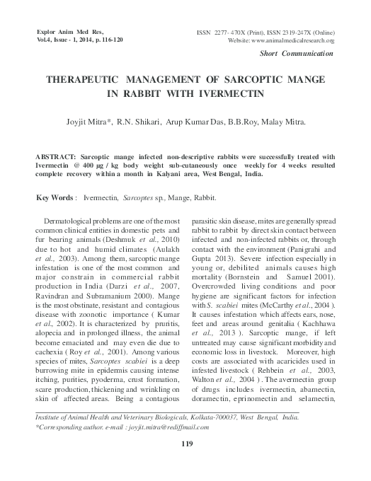 (PDF) THERAPEUTIC MANAGEMENT OF SARCOPTIC MANGE IN RABBIT WITH IVERMECTIN
