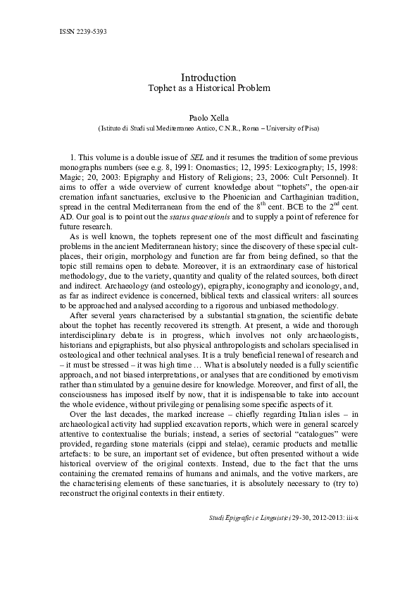 (PDF) "Introduction: Tophet as a Historical Problem", in P. Xella (ed.), The Tophet in the ...