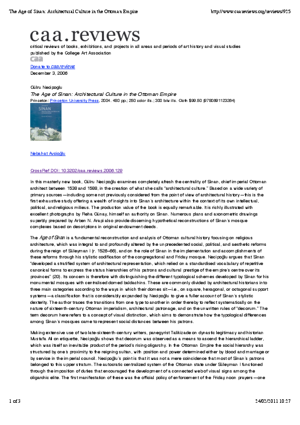 (PDF) Nebahat Avcioğlu. Review of "The Age of Sinan: Architectural ...