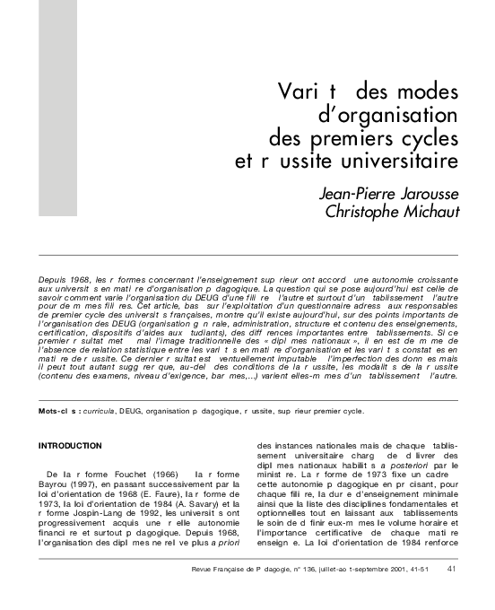 (PDF) Variéte des modes d'organisation des premiers cycles et réussite ...