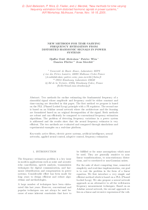 (PDF) NEW METHODS FOR TIME-VARYING FREQUENCY ESTIMATION FROM DISTORTED HARMONIC SIGNALS IN POWER ...