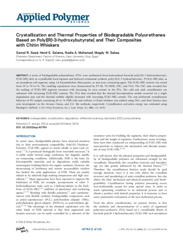 (PDF) Crystallization and thermal properties in waterborne polyurethane elastomers: Influence of ...