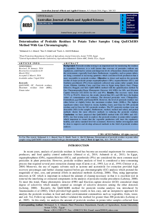 Pdf Determination Of Pesticide Residues In Potato Tuber Samples Using Quechers Method With Gas