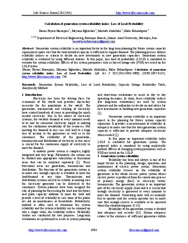 Pdf Calculation Of Generation System Reliability Index Loss Of Load