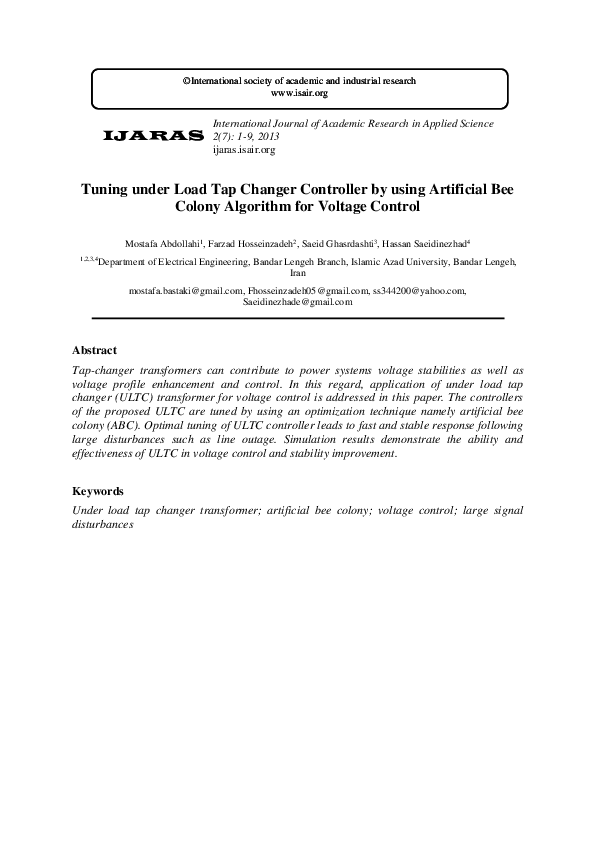 (PDF) Tuning under Load Tap Changer Controller by using Artificial Bee Colony Algorithm for ...