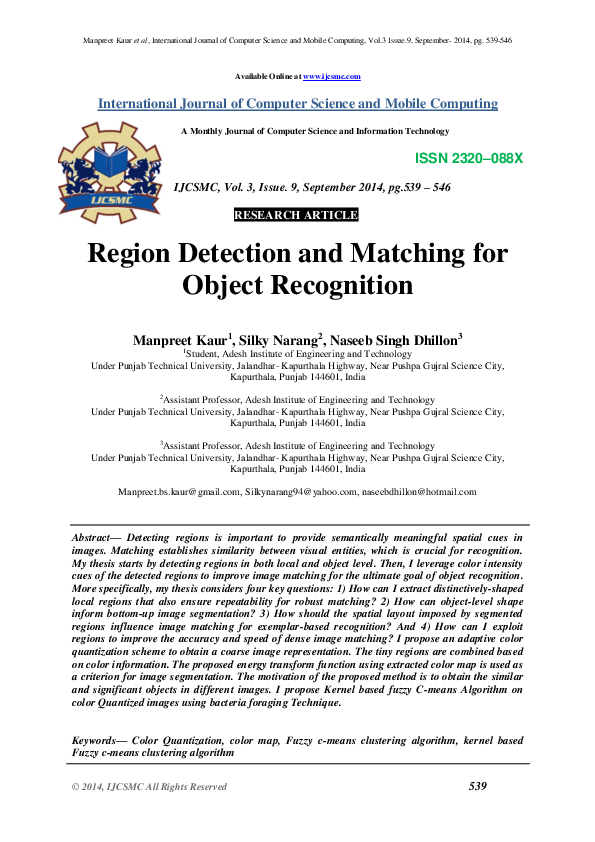 (PDF) Region Detection and Matching for Object Recognition