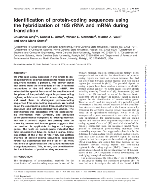 Pdf Identification Of Protein Coding Sequences Using The Hybridization Of 18s Rrna And Mrna