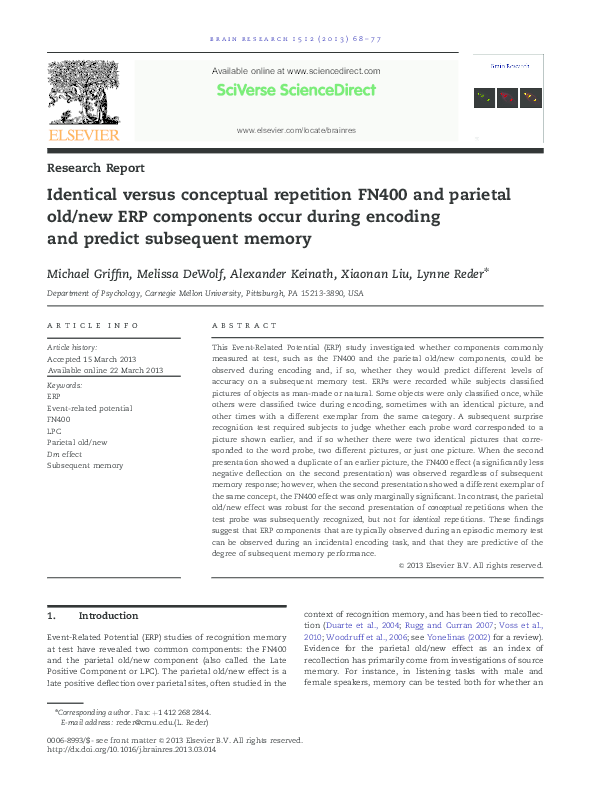 (PDF) Identical versus conceptual repetition FN400 and parietal old/new ...