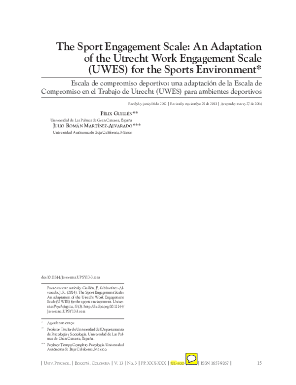 (PDF) THE SPORT ENGAGEMENT SCALE: AN ADAPTATION OF THE UTRECH WORK ...