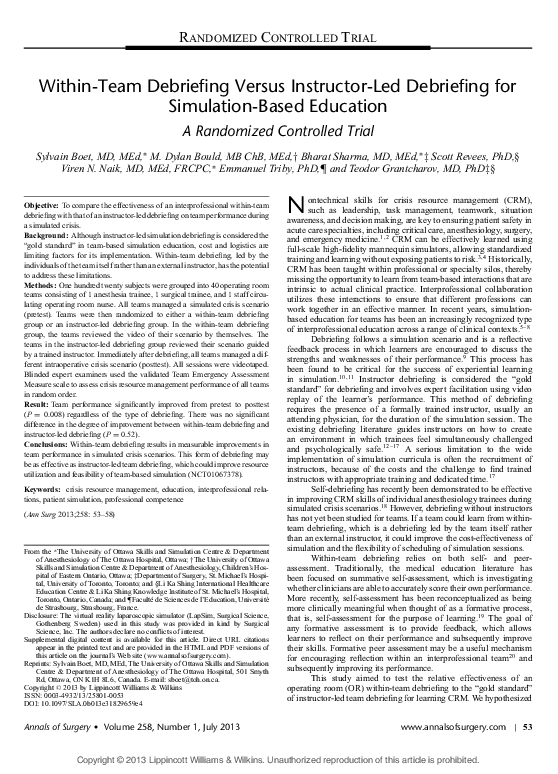 Within Team Debriefing Versus Instructor Led Debriefing For Simulation Based Education