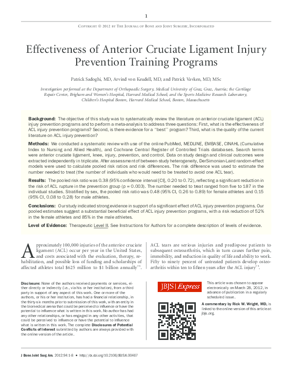 Effectiveness of Anterior Cruciate Ligament Injury Prevention Training ...