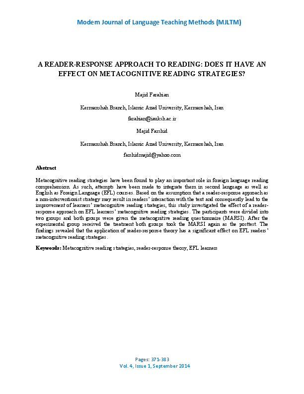 (PDF) A READER-RESPONSE APPROACH TO READING: DOES IT HAVE AN EFFECT ON METACOGNITIVE READING ...