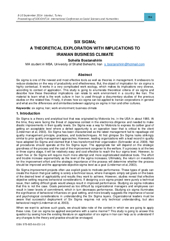 SIX SIGMA; A THEORETICAL EXPLORATION WITH IMPLICATIONS TO IRANIAN BUSINESS CLIMATE