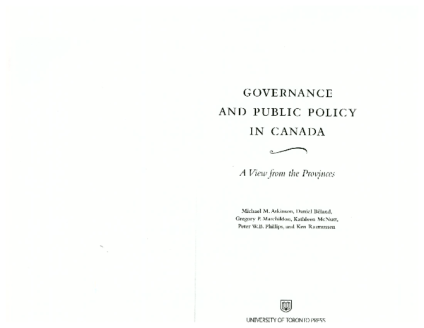 (PDF) Governance and Public Policy in Canada: A View from the Provinces