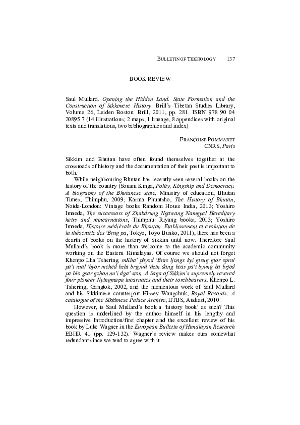 (PDF) book review saul mullard 's book on the Construction of Sikkimese ...