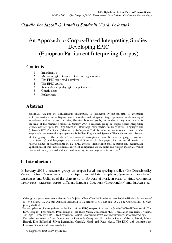(PDF) An Approach to Corpus-Based Interpreting Studies: Developing EPIC ...