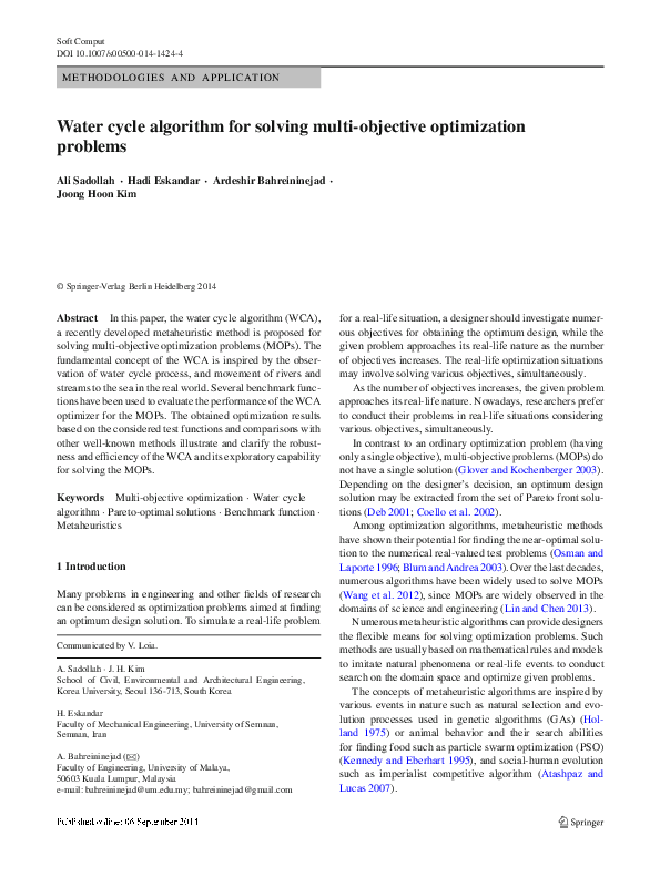 Water Cycle Algorithm For Solving Multi Objective Optimization Problems Hadi Eskandar