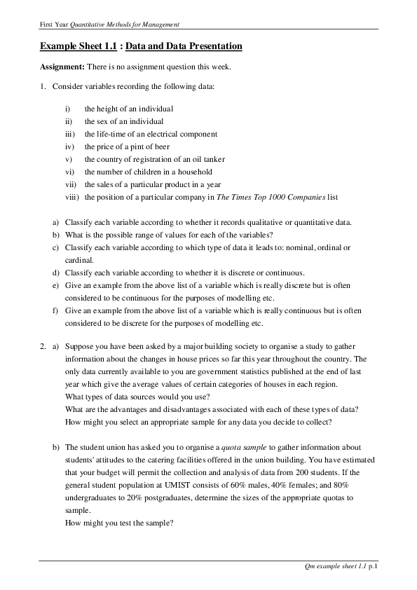 (PDF) First Year Quantitative Methods for Management Example Sheet 1.1 ...