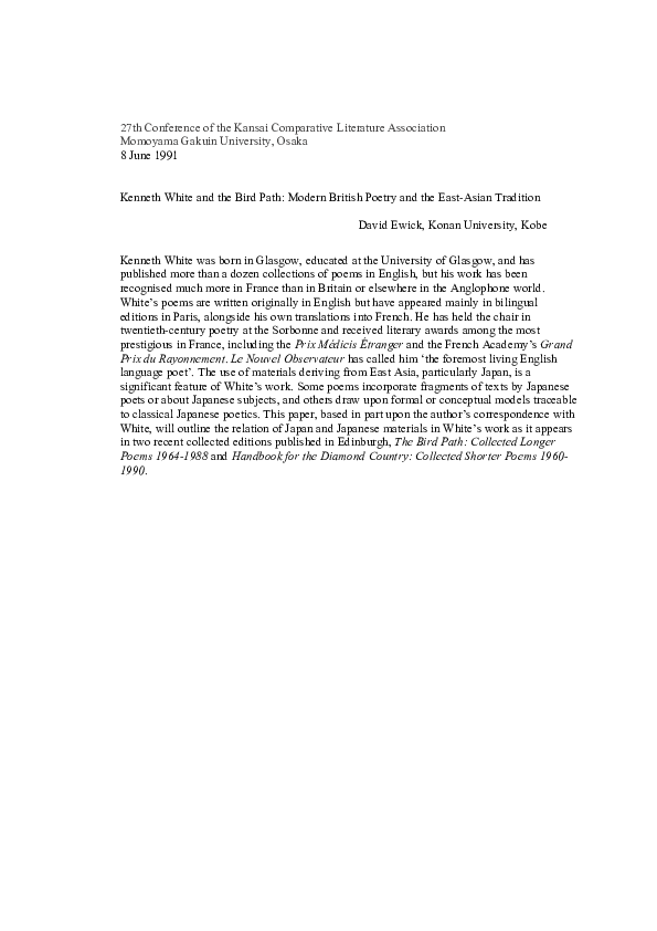 (PDF) Kenneth White and the Bird Path: Modern British Poetry and the ...