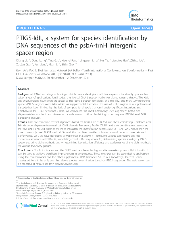 (PDF) PTIGS-IdIt, a system for species identification by DNA sequences ...