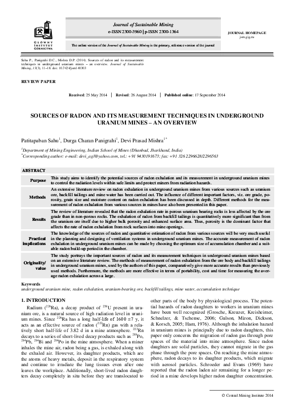 (PDF) SOURCES OF RADON AND ITS MEASUREMENT TECHNIQUES IN UNDERGROUND ...