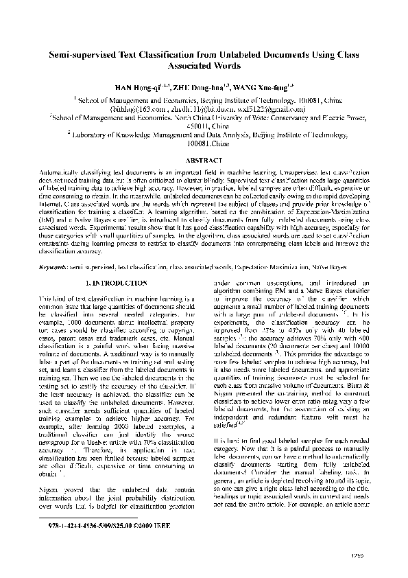 Pdf Semi Supervised Text Classification From Unlabeled Documents Using Class Associated Words