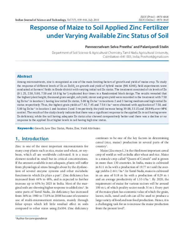 (PDF) Response of Maize to Soil Applied Zinc Fertilizer under Varying Available Zinc Status of Soil