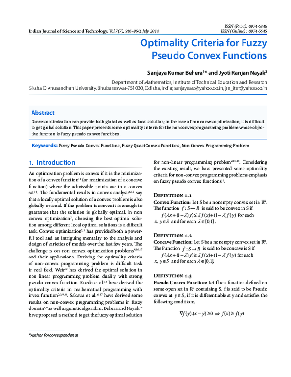 (PDF) Optimality Criteria for Fuzzy Pseudo Convex Functions