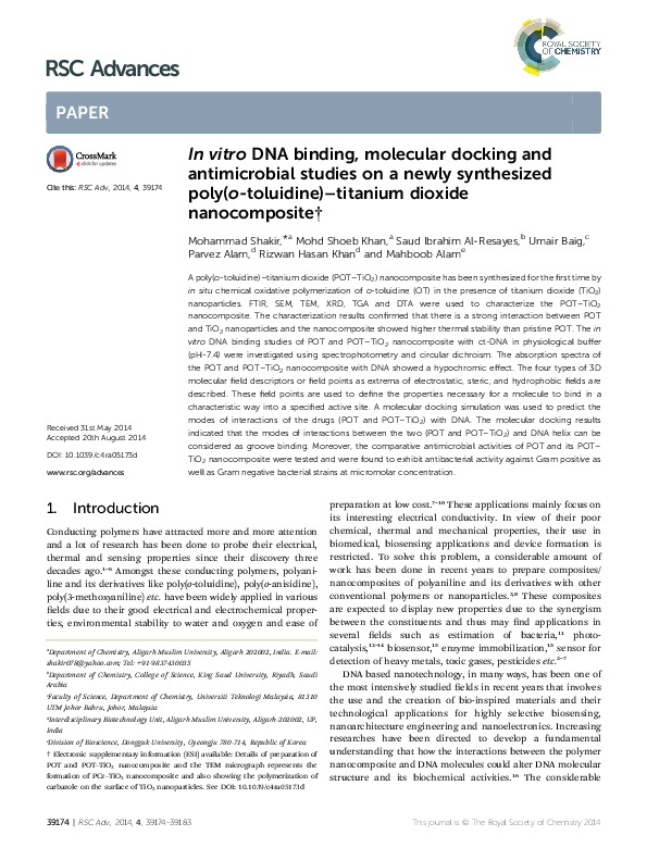 (PDF) In vitro DNA binding, molecular docking and antimicrobial studies on a newly synthesized ...