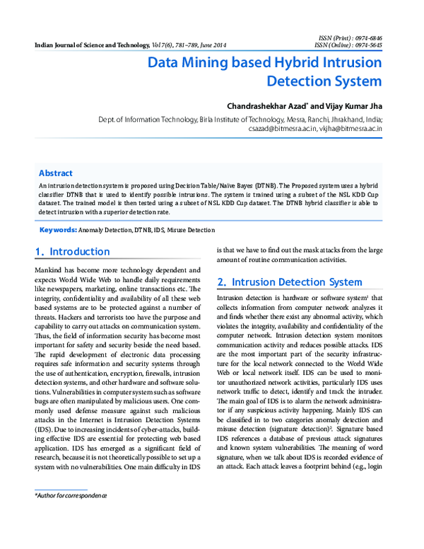 Pdf Data Mining Based Hybrid Intrusion Detection System