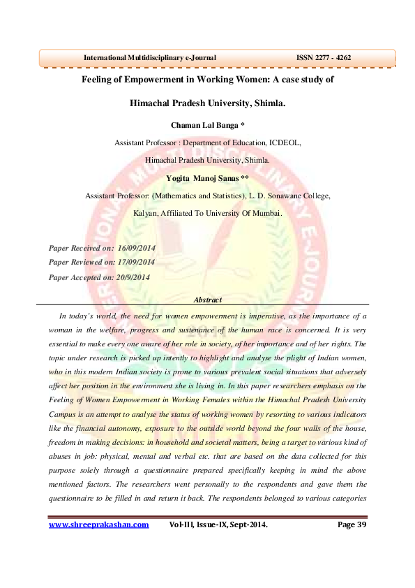 (PDF) Feeling of Empowerment in Working women : A case study Himachal ...