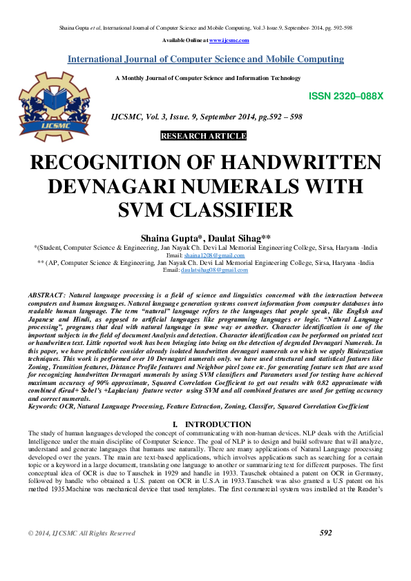 Pdf Recognition Of Handwritten Devnagari Numerals With Svm Classifier