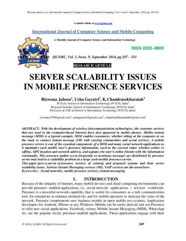 (PDF) SERVER SCALABILITY ISSUES IN MOBILE PRESENCE SERVICES