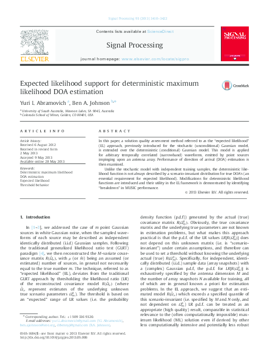 Pdf Reshetov La Expected Likelihood Support For Deterministic Maximum Likelihood Doa