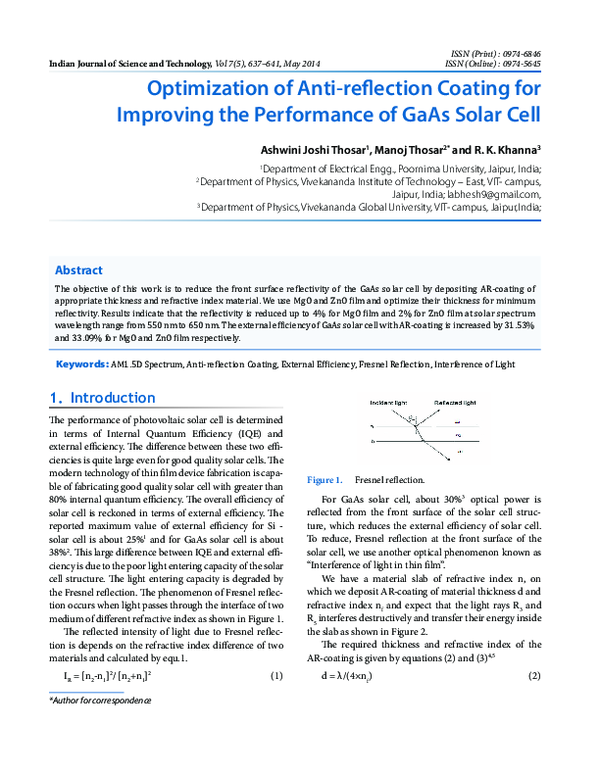 (PDF) Optimization of Anti-reflection Coating for Improving the ...