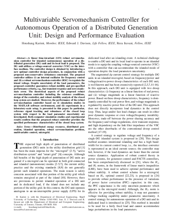 (PDF) Multivariable Servomechanism Controller for Autonomous Operation of a Distributed ...