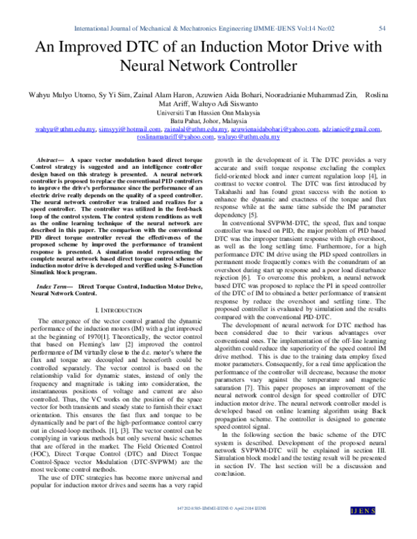 Pdf An Improved Dtc Of An Induction Motor Drive With Neural Network