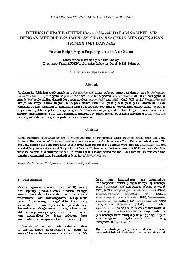 Pdf Deteksi Cepat Bakteri Escherichia Coli Dalam Sampel Air Dengan Metode Polymerase Chain
