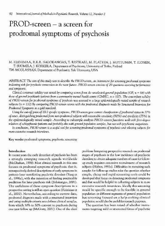 (PDF) PROD-screen -- a screen for prodromal symptoms of psychosis
