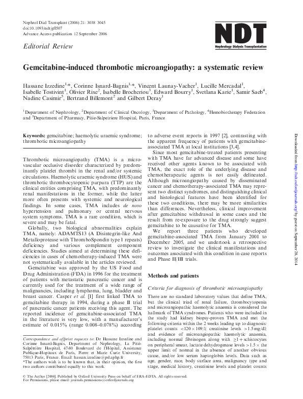 (PDF) Gemcitabine-induced thrombotic microangiopathy: a systematic review