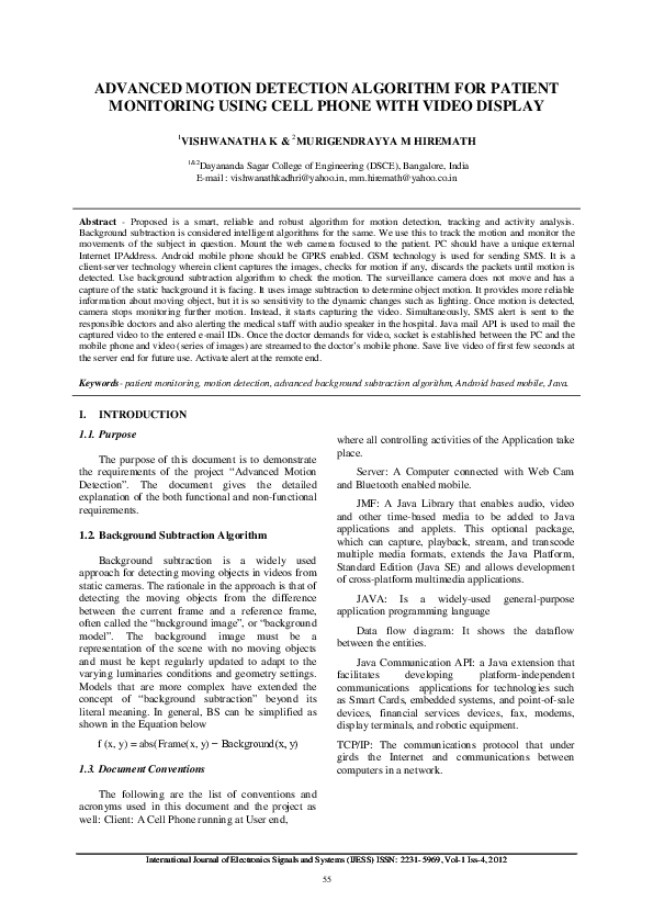 Pdf Advanced Motion Detection Algorithm For Patient Monitoring Using Cell Phone With Video Display