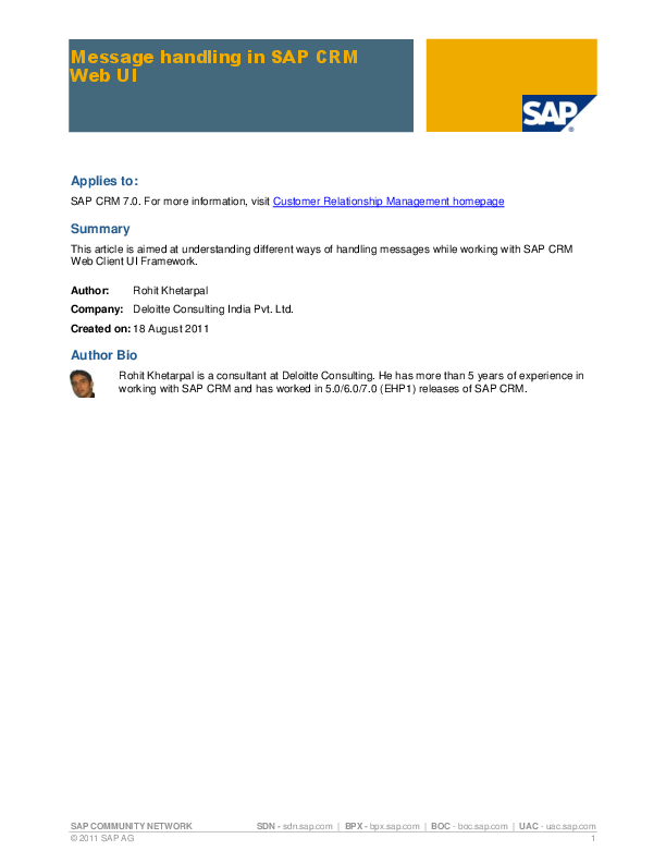 (PDF) SAP COMMUNITY NETWORK Message handling in SAP CRM Web UI Author ...
