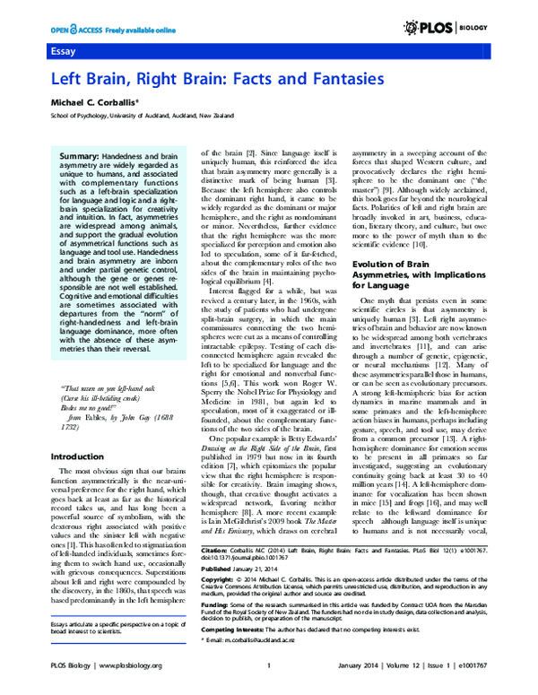 (PDF) Essay Left Brain, Right Brain: Facts and Fantasies